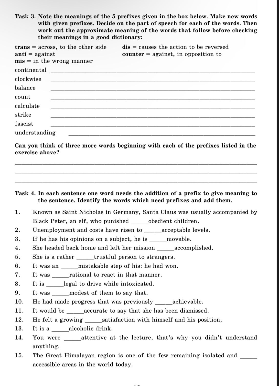Task 3. Note the meanings of the 5 prefixes given in the box below ...