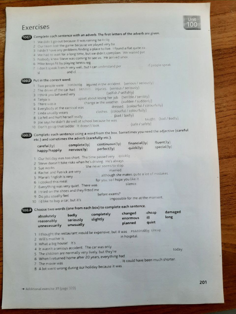 100.1 Complete each sentence with an adverb. The first letters of the ...