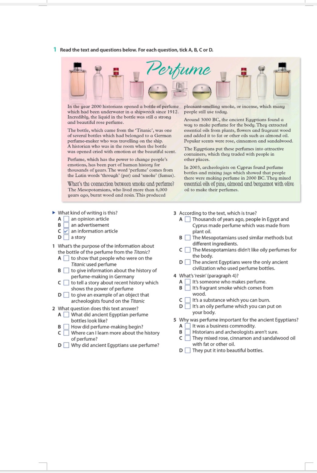 1 What's the purpose of the information about the bottle of the perfume from the Titanic? A to ...