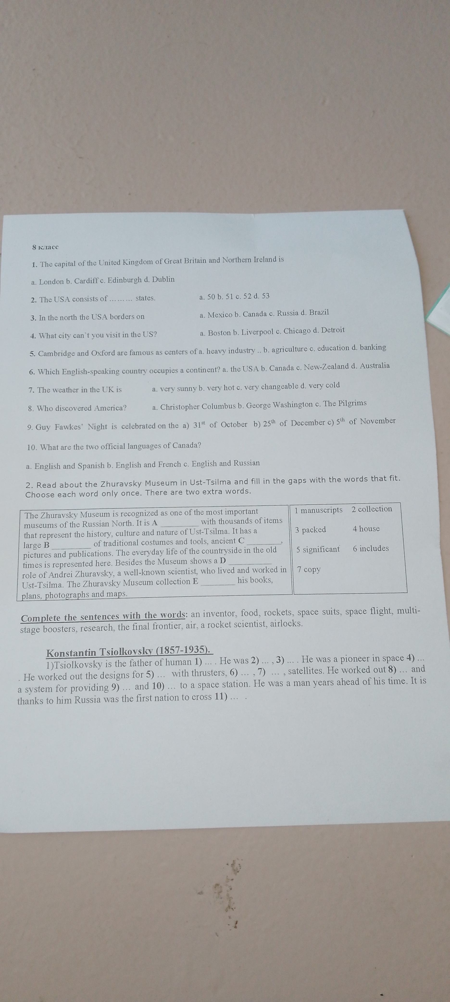 Complete the sentences with the words: an inventor, food, rockets ...