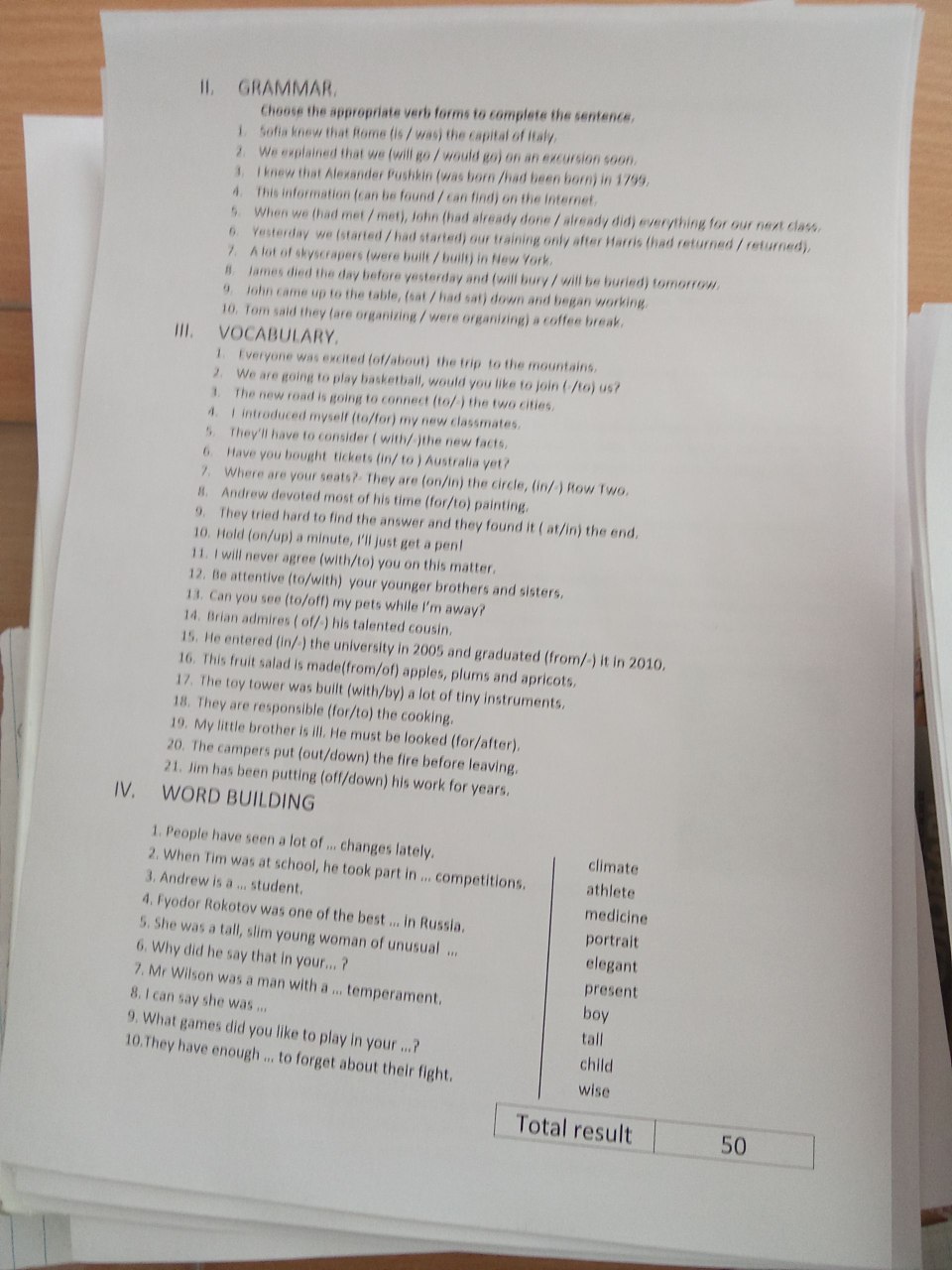 II. GRAMMAR. Choose the appropriate verb forms to complete the sentence ...