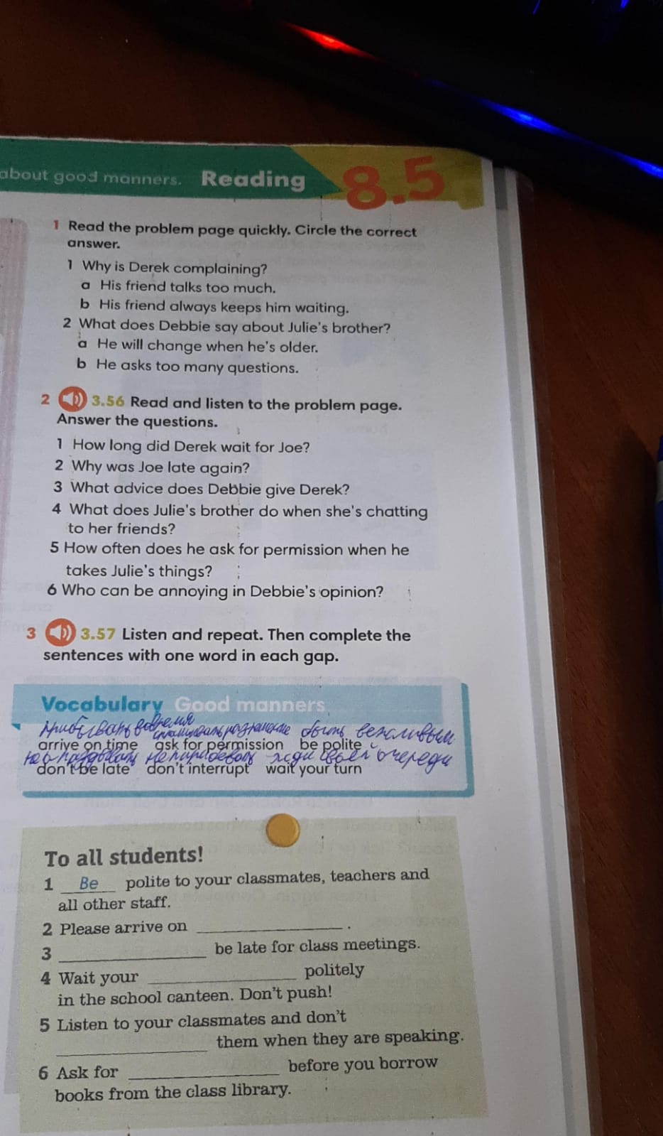 3 3.57 Listen and repeat. Then complete the sentences with one word in ...